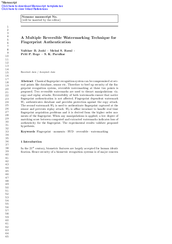 (PDF) A multiple reversible watermarking technique for fingerprint authentication | Priti Rege ...