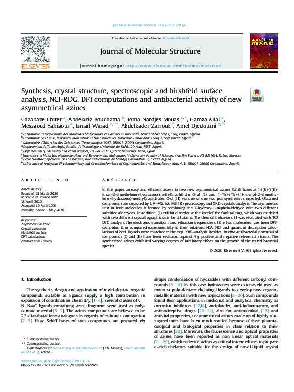 (PDF) Synthesis, crystal structure, spectroscopic and hirshfeld surface analysis, NCI-RDG, DFT ...