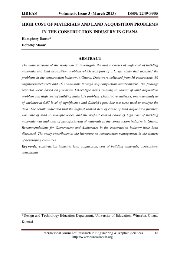 (PDF) High Cost of Materials and Land Acquisition Problems in the ...
