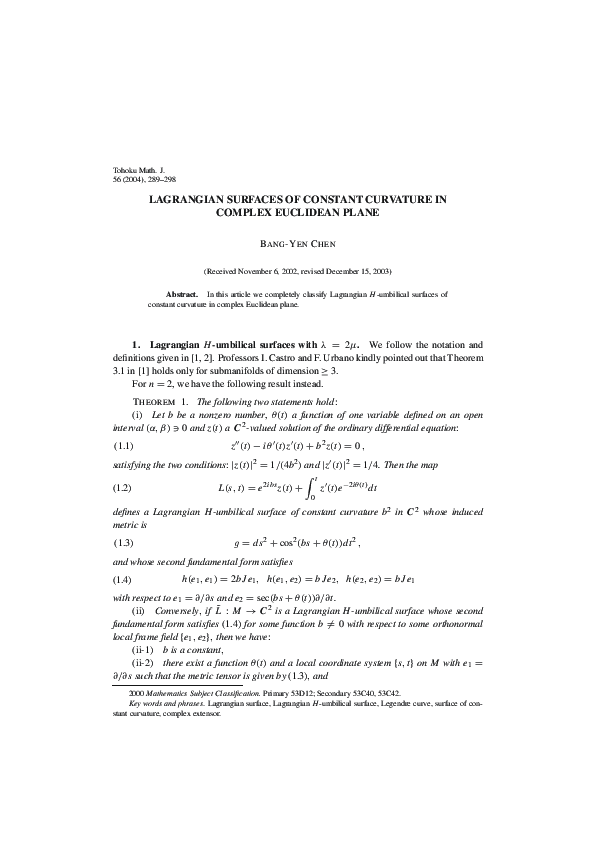 Pdf Lagrangian Surfaces Of Constant Curvature In Complex Euclidean Plane