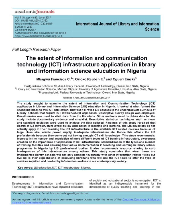 Pdf The Extent Of Information And Communication Technology Ict Infrastructure Application In
