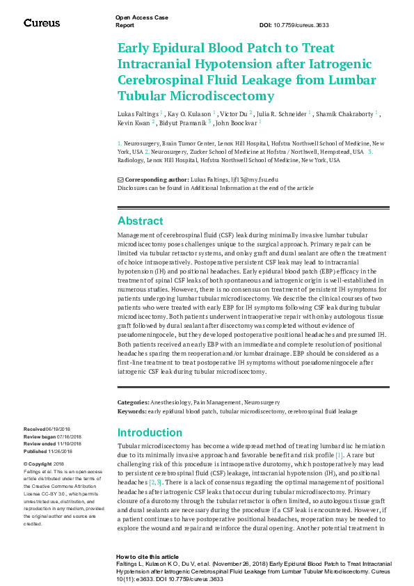(PDF) Early Epidural Blood Patch to Treat Intracranial Hypotension ...