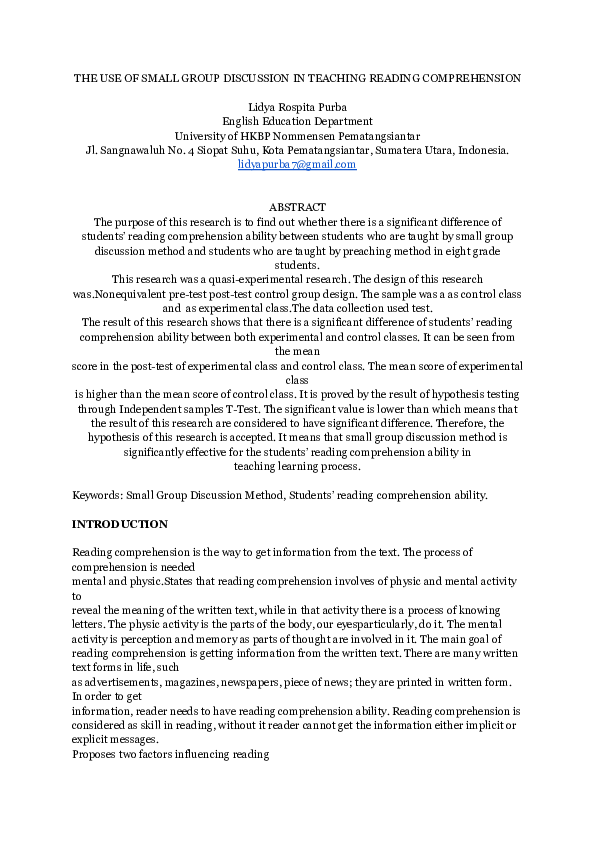 (PDF) THE USE OF SMALL GROUP DISCUSSION IN TEACHING READING COMPREHENSION