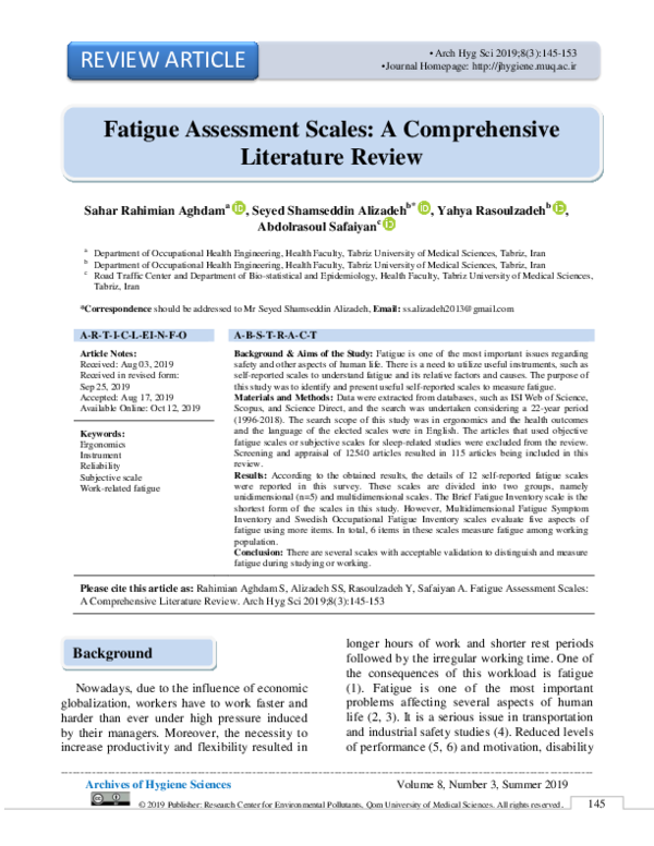 (PDF) Fatigue Assessment Scales: A comprehensive literature review