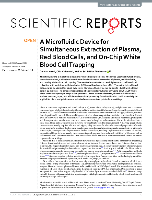 (PDF) A Microfluidic Device for Simultaneous Extraction of Plasma, Red ...