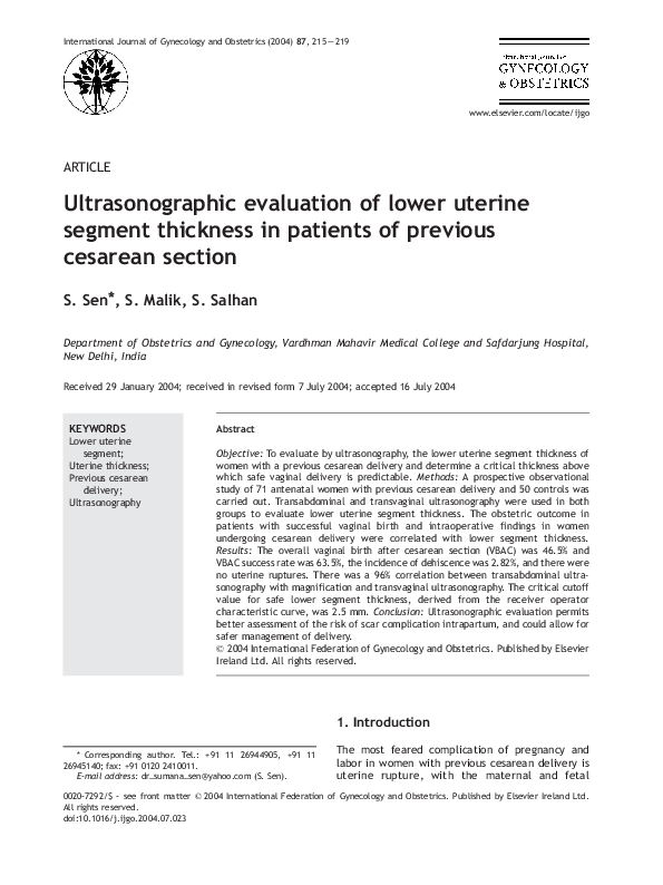 Pdf Ultrasonographic Evaluation Of Lower Uterine Segment Thickness In