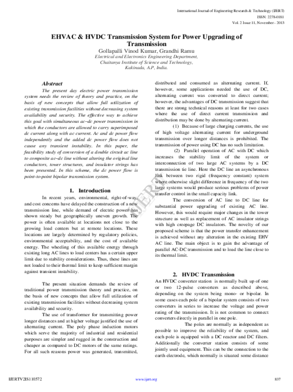 (PDF) EHVAC & HVDC Transmission System for Power Upgrading of Transmission