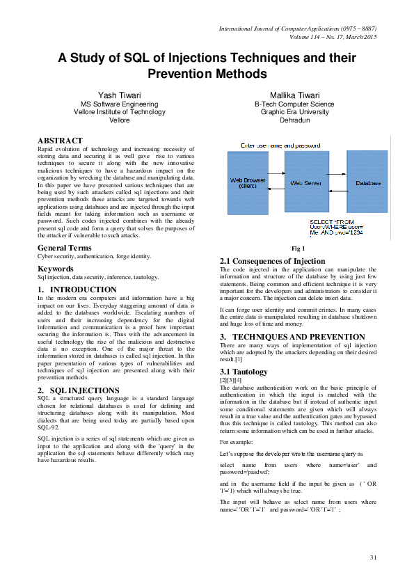 (PDF) A Study of SQL of Injections Techniques and their Prevention Methods