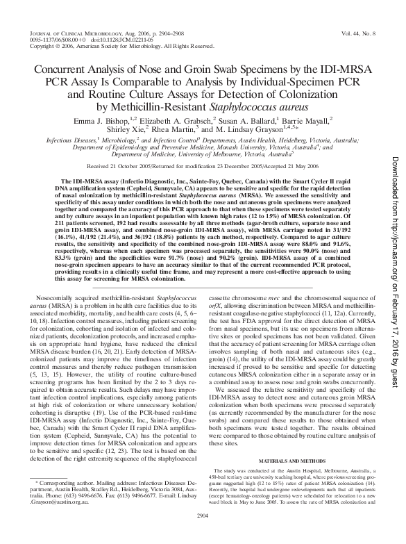 (PDF) Concurrent Analysis of Nose and Groin Swab Specimens by the IDI ...