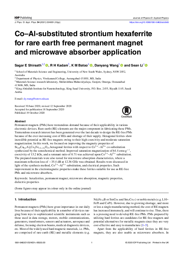 (PDF) Co-Al-substituted strontium hexaferrite for rare earth free ...