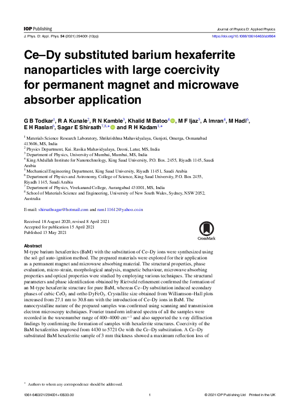 (PDF) Ce-Dy substituted barium hexaferrite nanoparticles with large ...