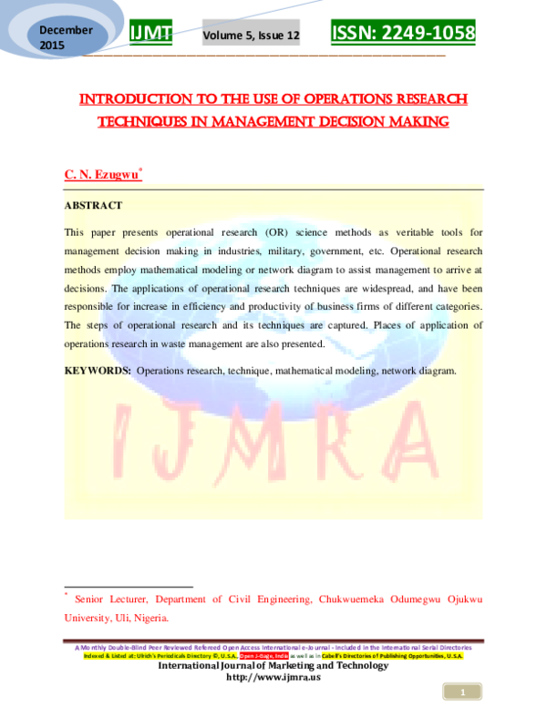 (PDF) INTRODUCTION TO THE USE OF OPERATIONS RESEARCH TECHNIQUES IN ...