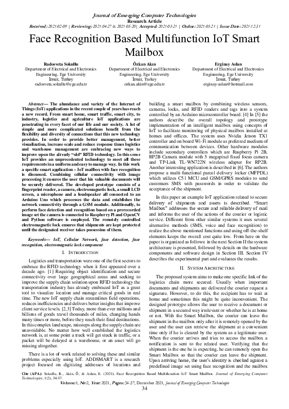 (PDF) Face Recognition Based Multifunction IoT Smart Mailbox