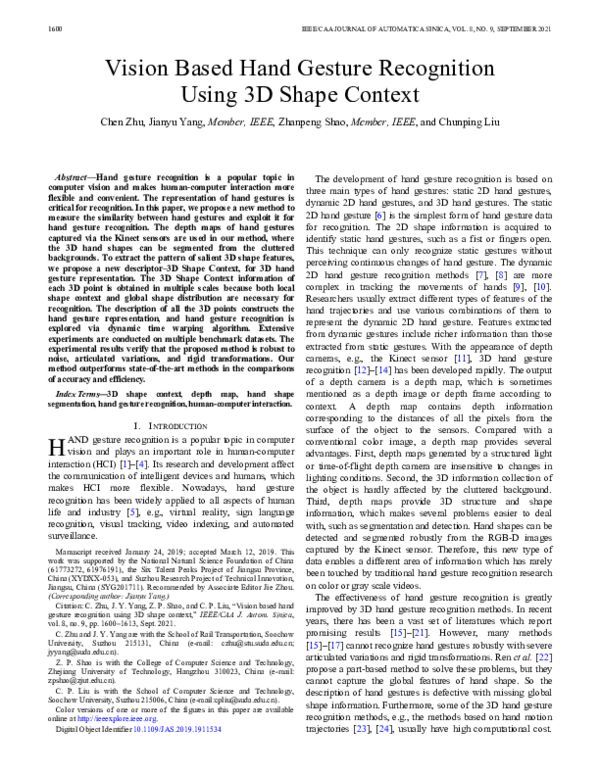 Pdf Vision Based Hand Gesture Recognition Using 3d Shape Context
