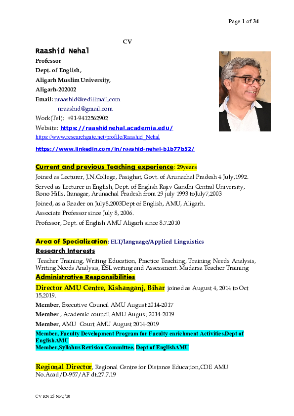 (DOC) Raashid Nehal's CV, Profile &Area of Specialization: ELT/Teacher Training/ESL Writing ...
