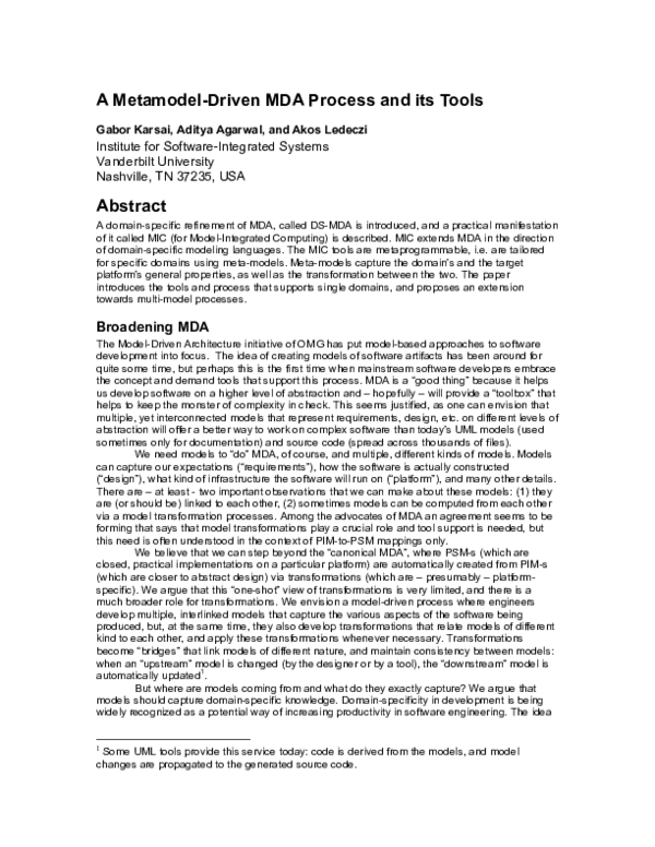 (PDF) A Metamodel-Driven MDA Process and Its Tools