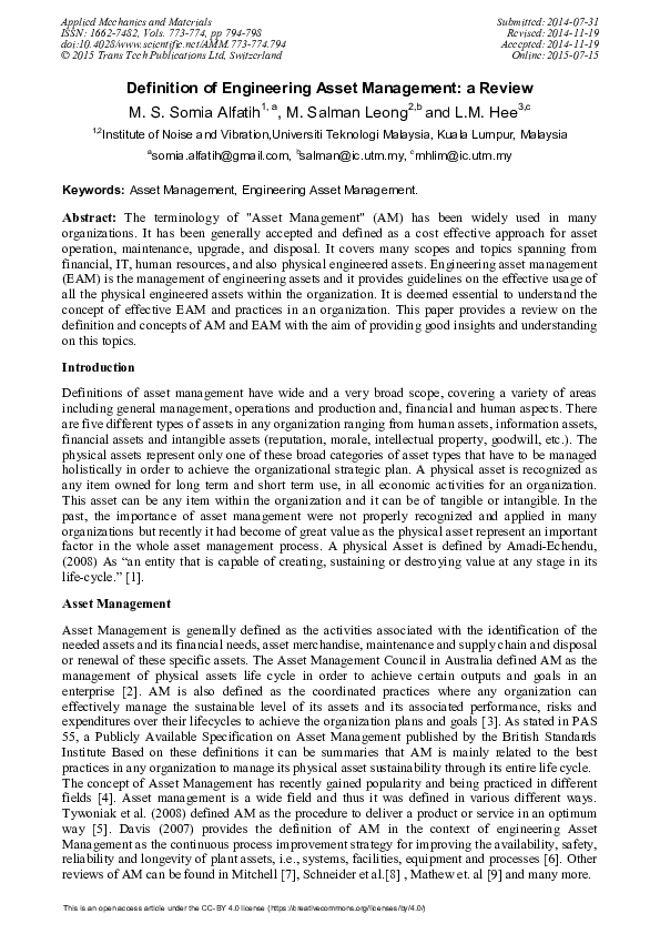 (PDF) Definition of Engineering Asset Management: A Review
