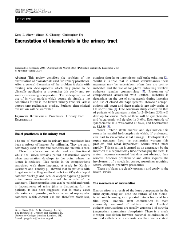 (PDF) Encrustation of biomaterials in the urinary tract