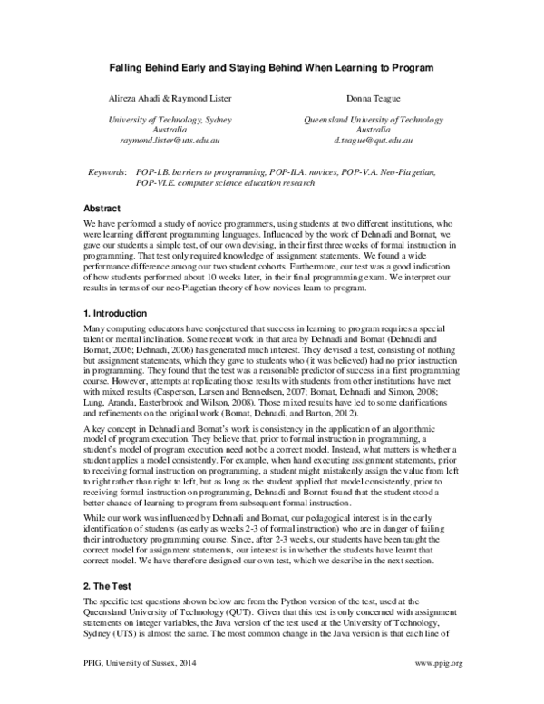 (PDF) Falling Behind Early and Staying Behind When Learning to Program