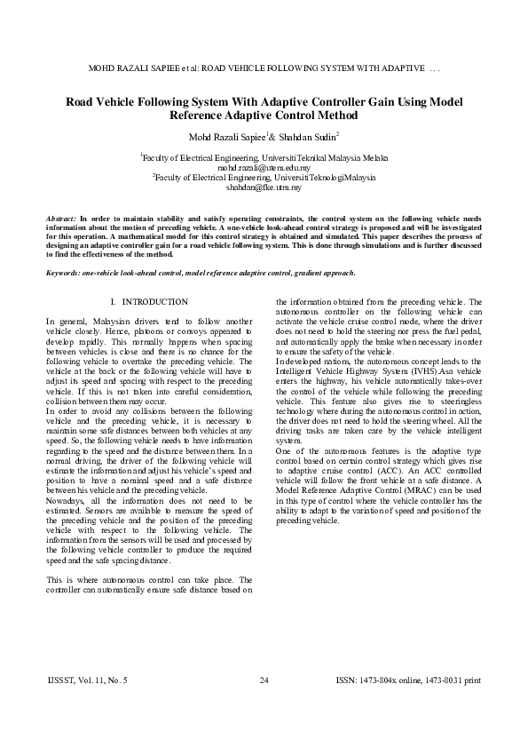 (PDF) Road Vehicle Following System With Adaptive Controller Gain Using Model Reference Adaptive ...