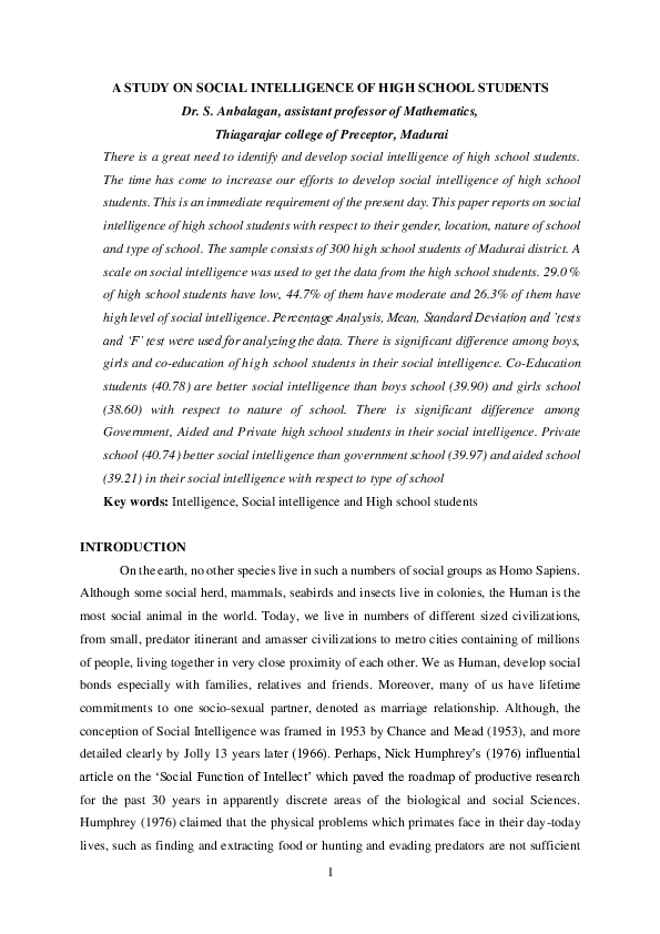 (PDF) A STUDY ON SOCIAL INTELLIGENCE OF HIGH SCHOOL STUDENTS