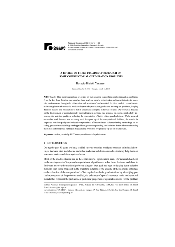 Pdf A Review Of Three Decades Of Research On Some Combinatorial Optimization Problems
