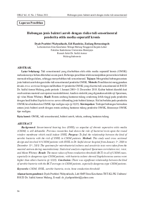 (PDF) Hubungan jenis bakteri aerob dengan risiko tuli sensorineural penderita otitis media ...