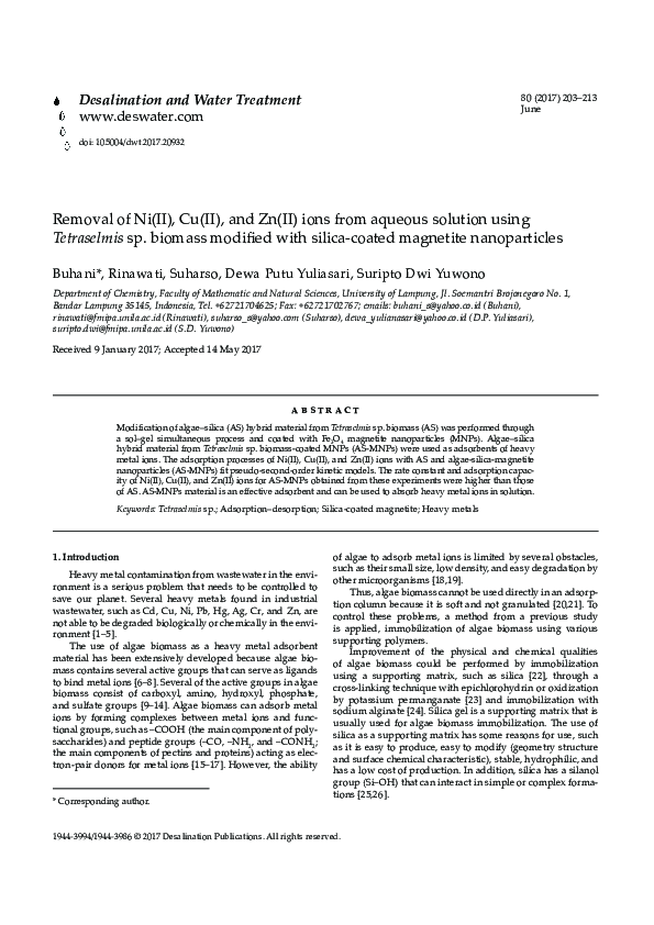 (PDF) Removal of Ni(II), Cu(II), and Zn(II) ions from aqueous solution using Tetraselmis sp ...