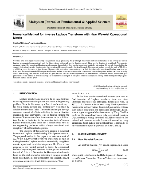 Pdf Numerical Method For Inverse Laplace Transform With Haar Wavelet