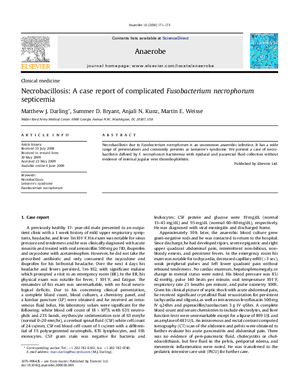 (PDF) Necrobacillosis: A case report of complicated Fusobacterium ...