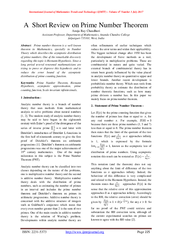 (PDF) A Short Review on Prime Number Theorem