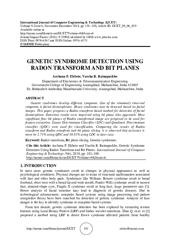 (PDF) GENETIC SYNDROME DETECTION USING RADON TRANSFORM AND BIT PLANES
