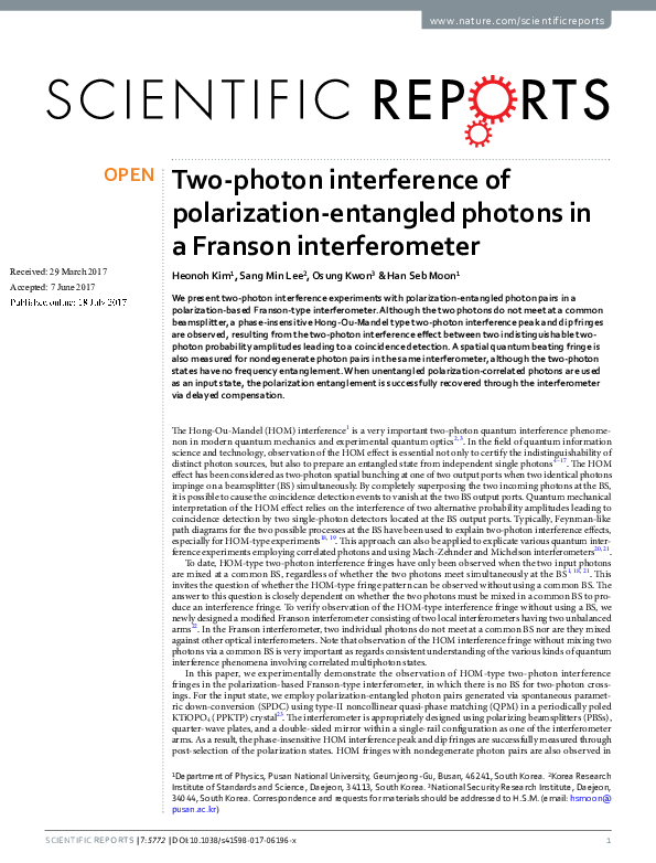 (PDF) Two-photon interference of polarization-entangled photons in a ...