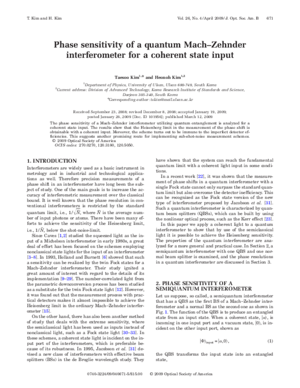 Pdf Phase Sensitivity Of A Quantum Mach Zehnder Interferometer For A