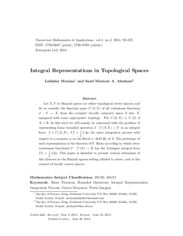 (PDF) Integral Representations in Topological Spaces