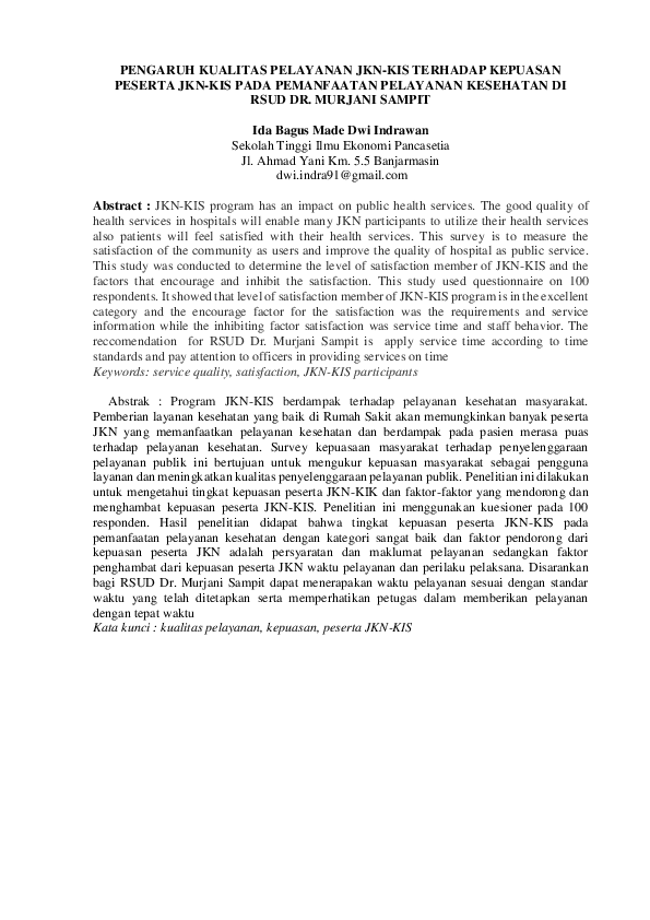 Pdf Pengaruh Kualitas Pelayanan Jkn Kis Terhadap Kepuasan Peserta Jkn
