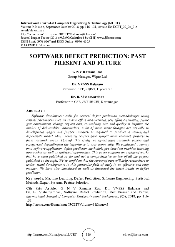 (PDF) SOFTWARE DEFECT PREDICTION: PAST PRESENT AND FUTURE