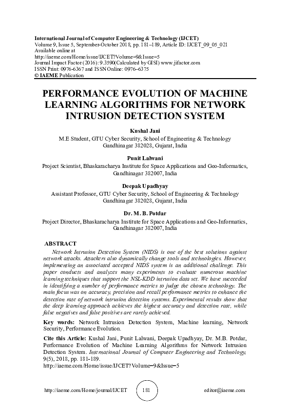 Pdf Performance Evolution Of Machine Learning Algorithms For Network Intrusion Detection System