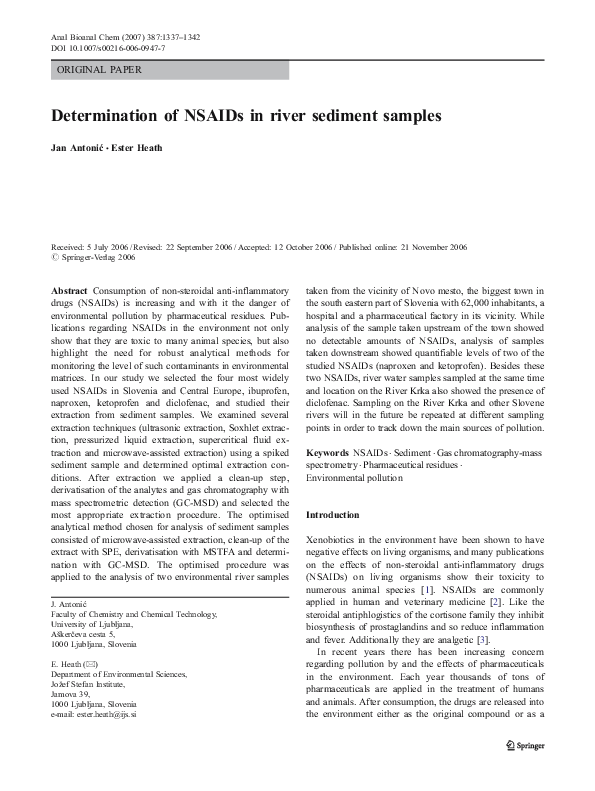 Pdf Determination Of Nsaids In River Sediment Samples