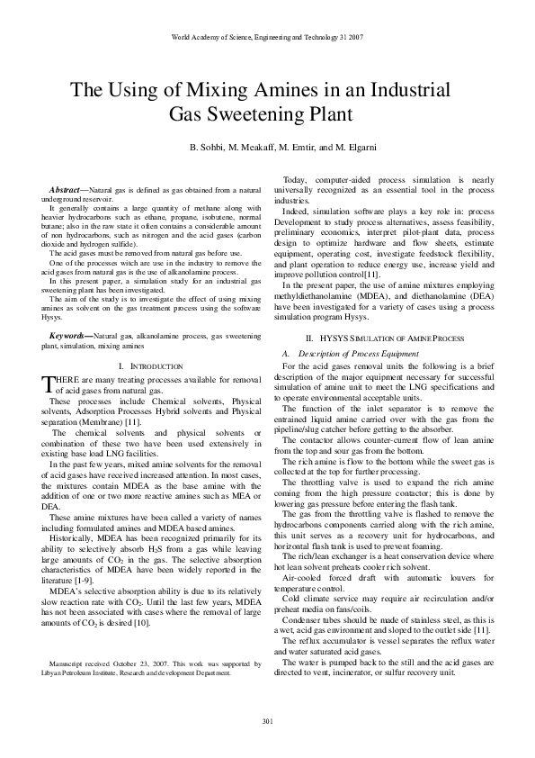(PDF) The using of mixing amines in an industrial gas sweetening plant