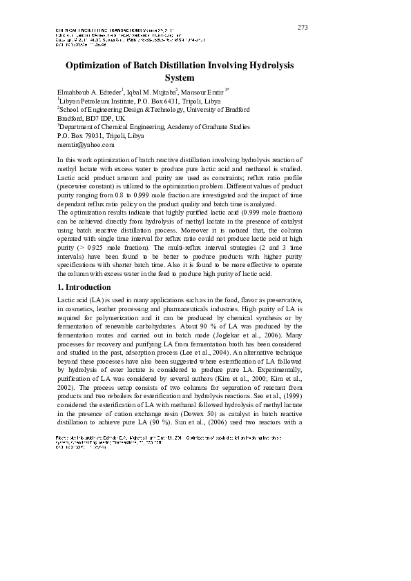 (PDF) Optimization of Batch Distillation Involving Hydrolysis System