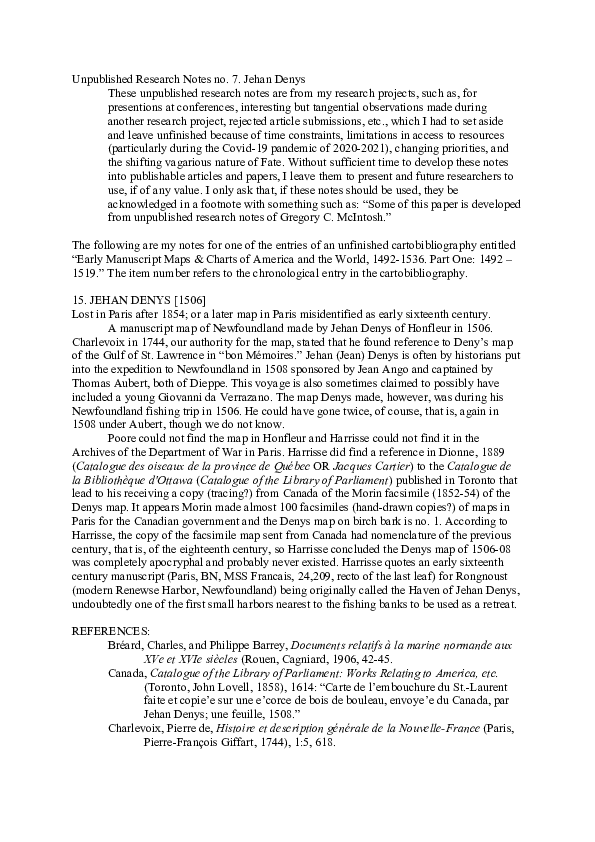 (DOC) Unpublished Research Notes no. 7. Jehan Denys