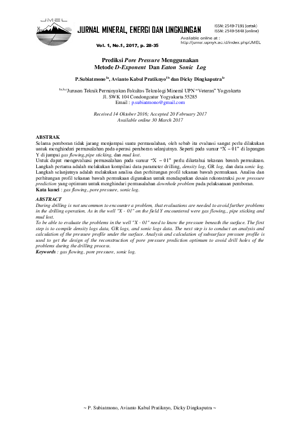 (PDF) Prediksi Pore Pressure Menggunakan Metode D-Exponent Dan Eaton Sonic Log