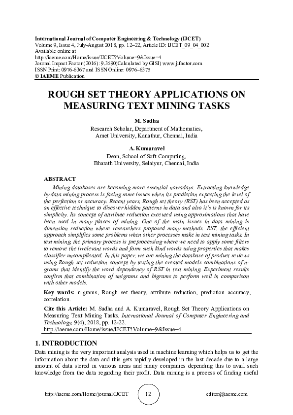 (PDF) ROUGH SET THEORY APPLICATIONS ON MEASURING TEXT MINING TASKS