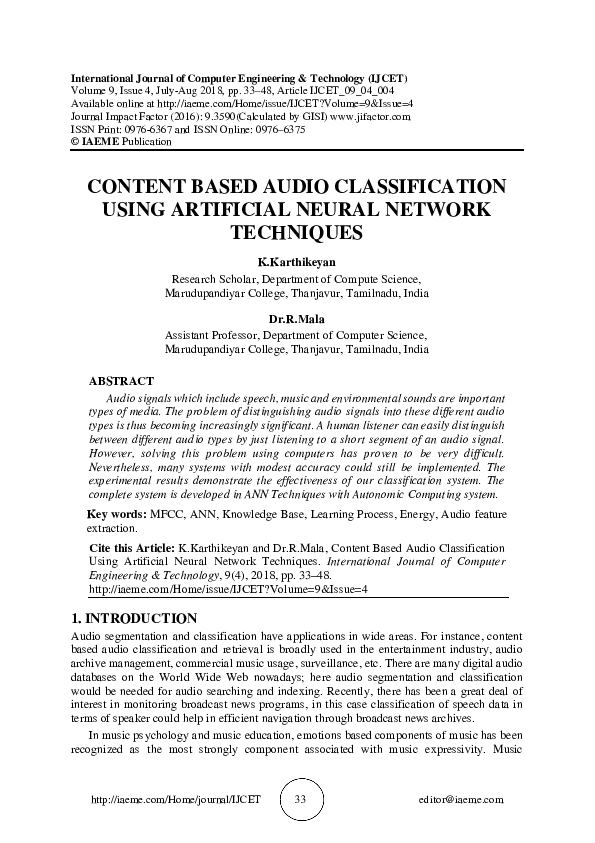 Pdf Content Based Audio Classification Using Artificial Neural