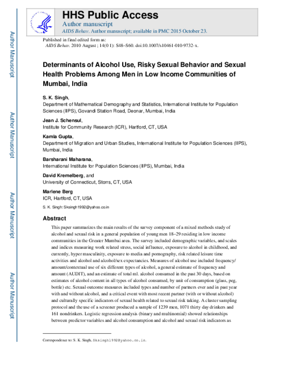 Pdf Determinants Of Alcohol Use Risky Sexual Behavior And Sexual 2834