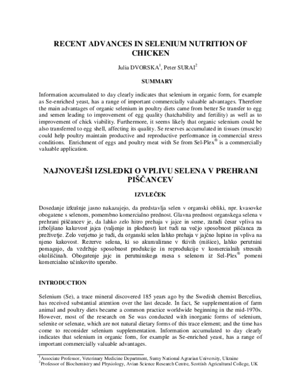 (PDF) Recent Advances in Selenium Nutrition of Chicken