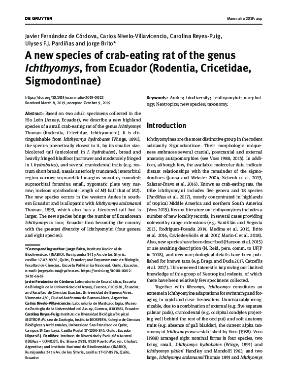 (PDF) A new species of crab-eating rat of the genus Ichthyomys, from ...