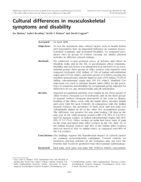(PDF) Cultural differences in musculoskeletal symptoms and disability