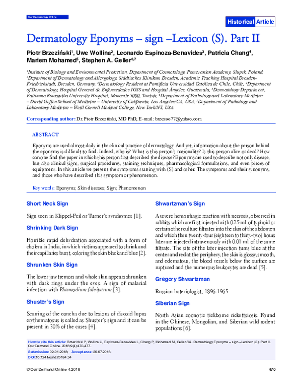 (PDF) Dermatology Eponyms – sign –Lexicon (S). Part I